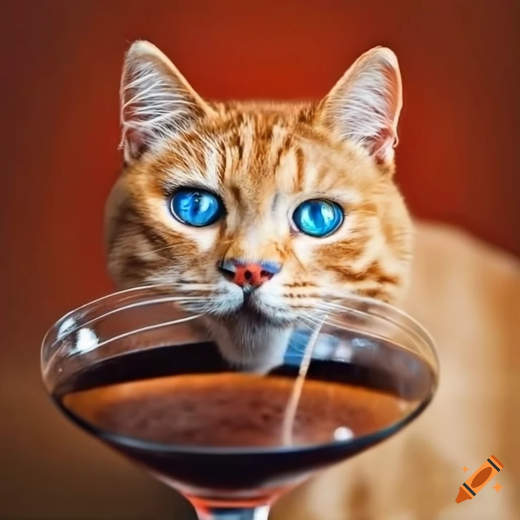 White and beige cat with blue eyes enjoying an espresso martini on Craiyon