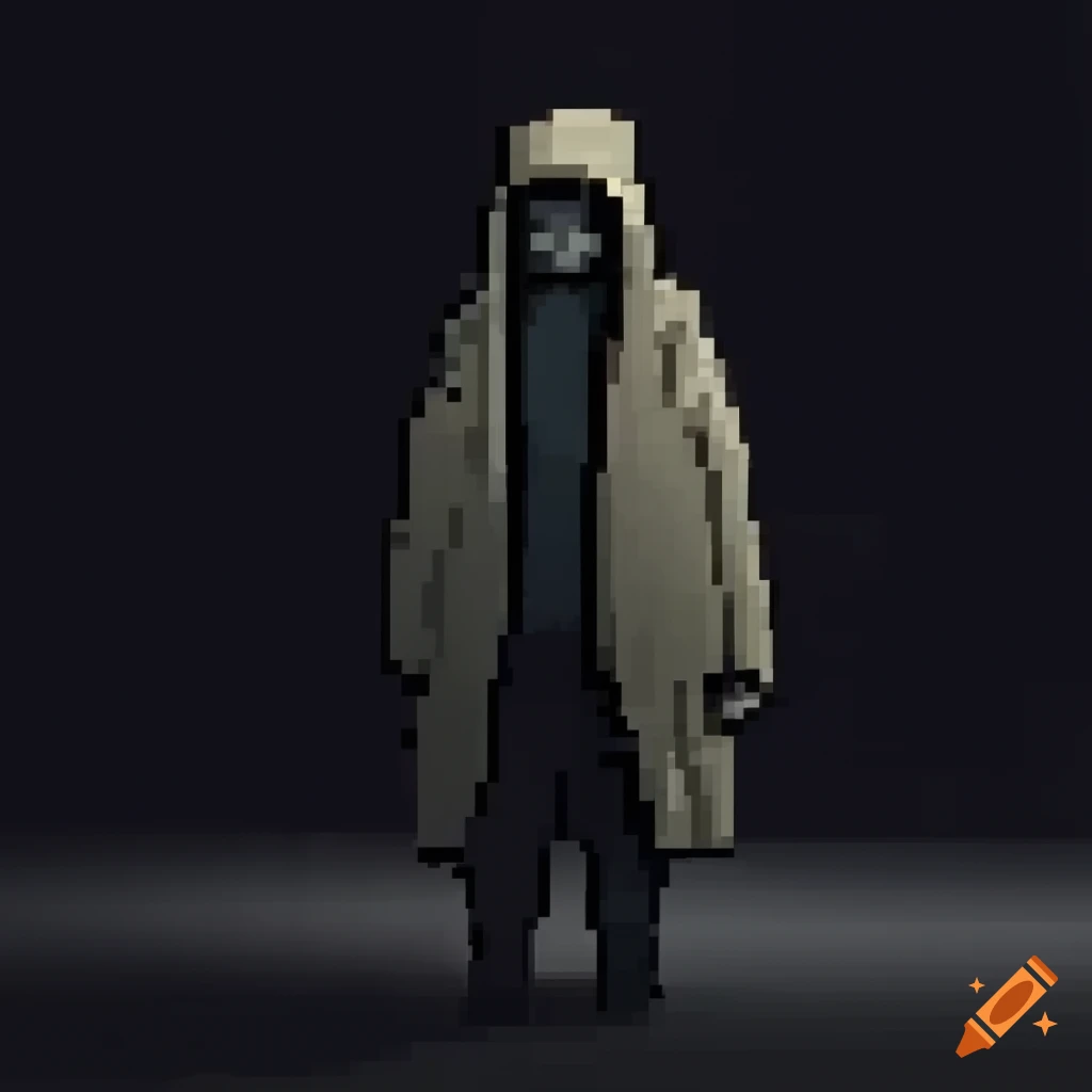 Person in russian coat and baggy jeans standing in a dark void in pixel ...