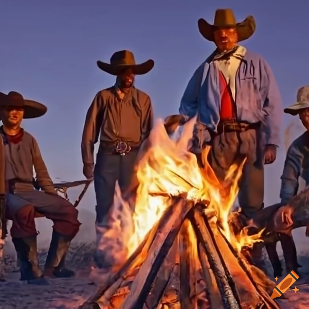 Diverse cowboys bonding around a campfire in the american wild west on ...
