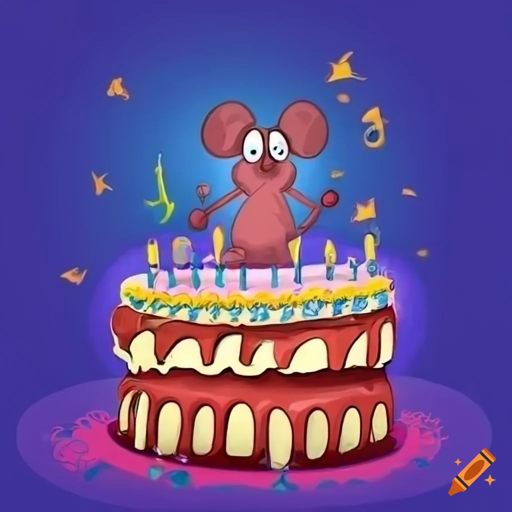 Cartoon mice celebrating over a huge birthday cake on Craiyon