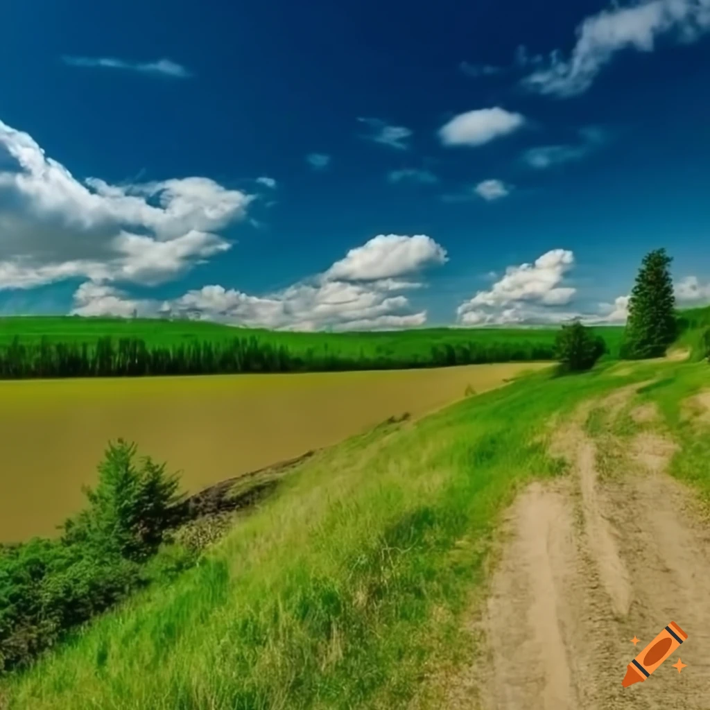 Wide road through a field leading downhill to a dense forest with a ...
