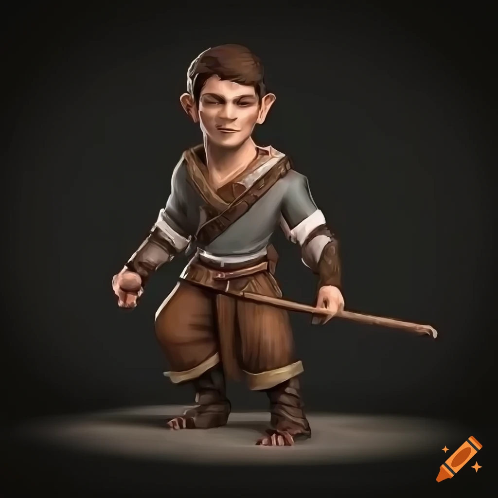 Young male halfling monk character with dark brown hair and holding a ...