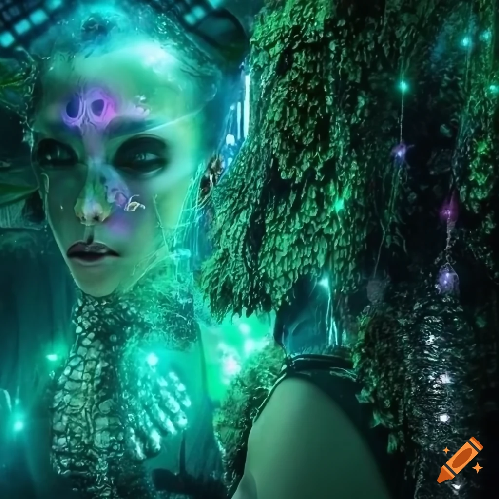 Glowing biopunk cityscape with cyborg mermaid goddesses and biological ...