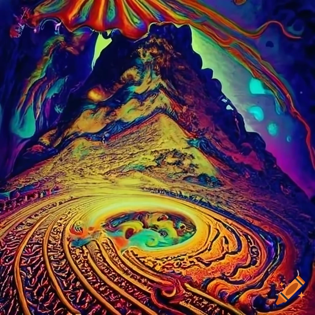 Acid trippy mountain landscape with droid beings in mathematical ...