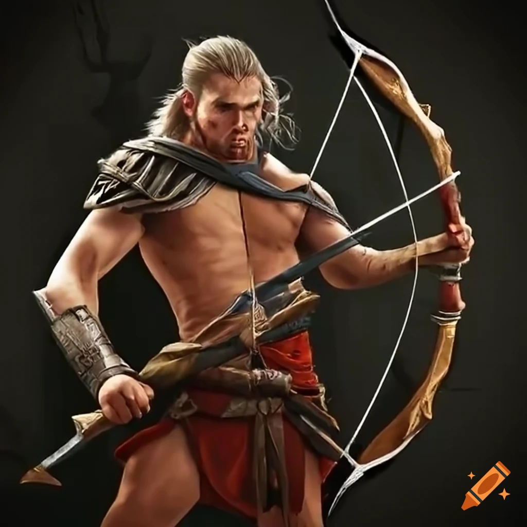 Great warrior bending a steel bow in a dramatic war scene on Craiyon