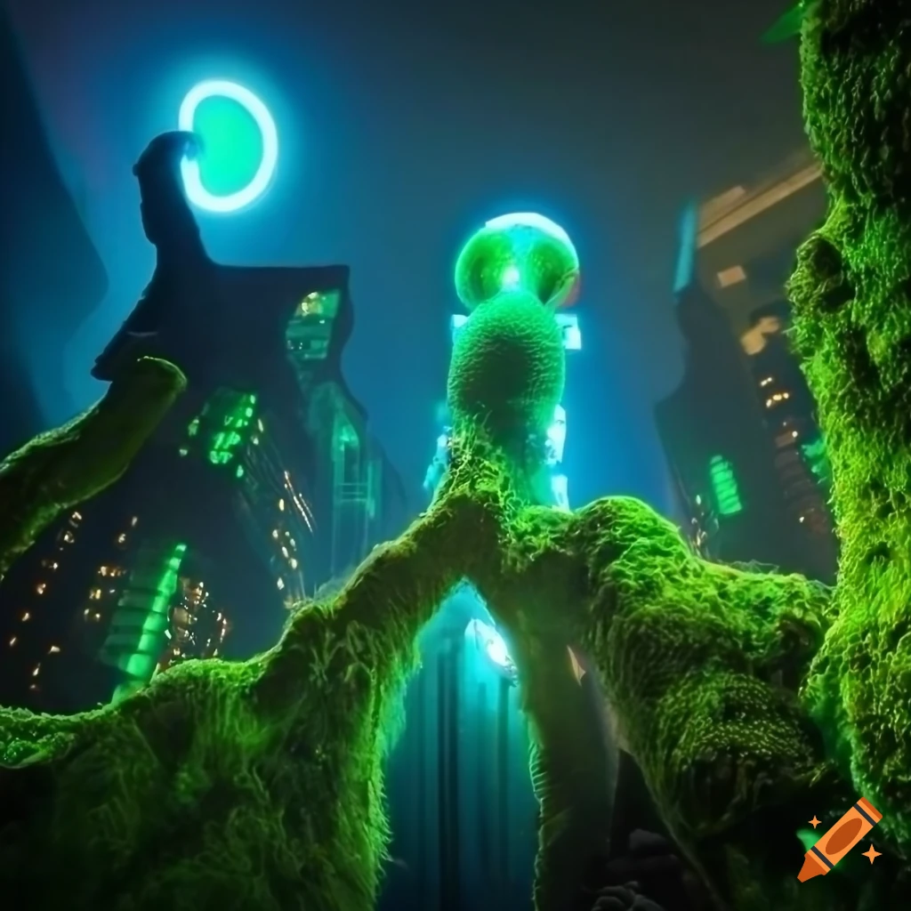 Glowing biopunk cityscape with green moss, plants, mushrooms, and ...