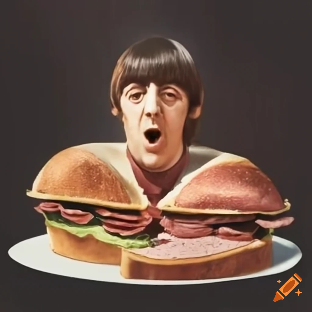 Four beatles eating a ham sandwich circa 1966 on Craiyon