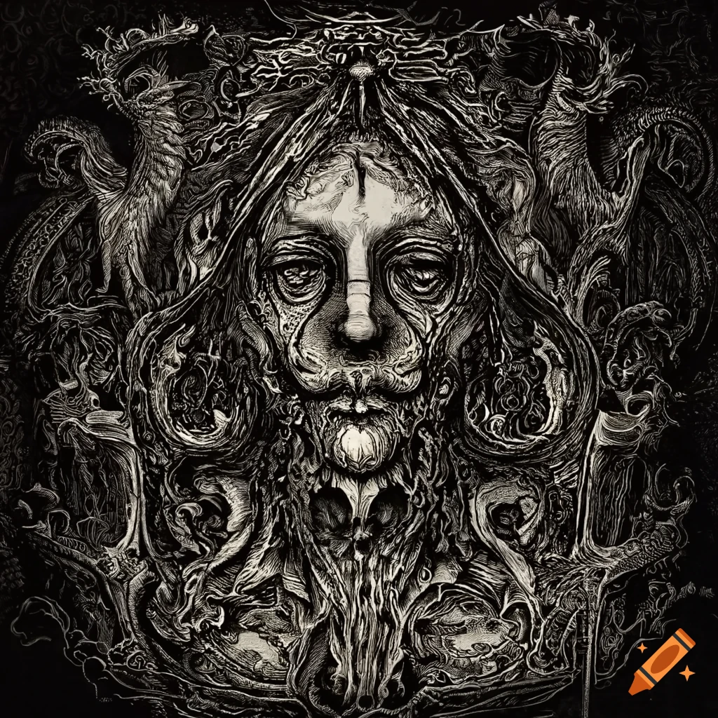 Intricate baroque etchings of the dark forest for a mythological occult ...