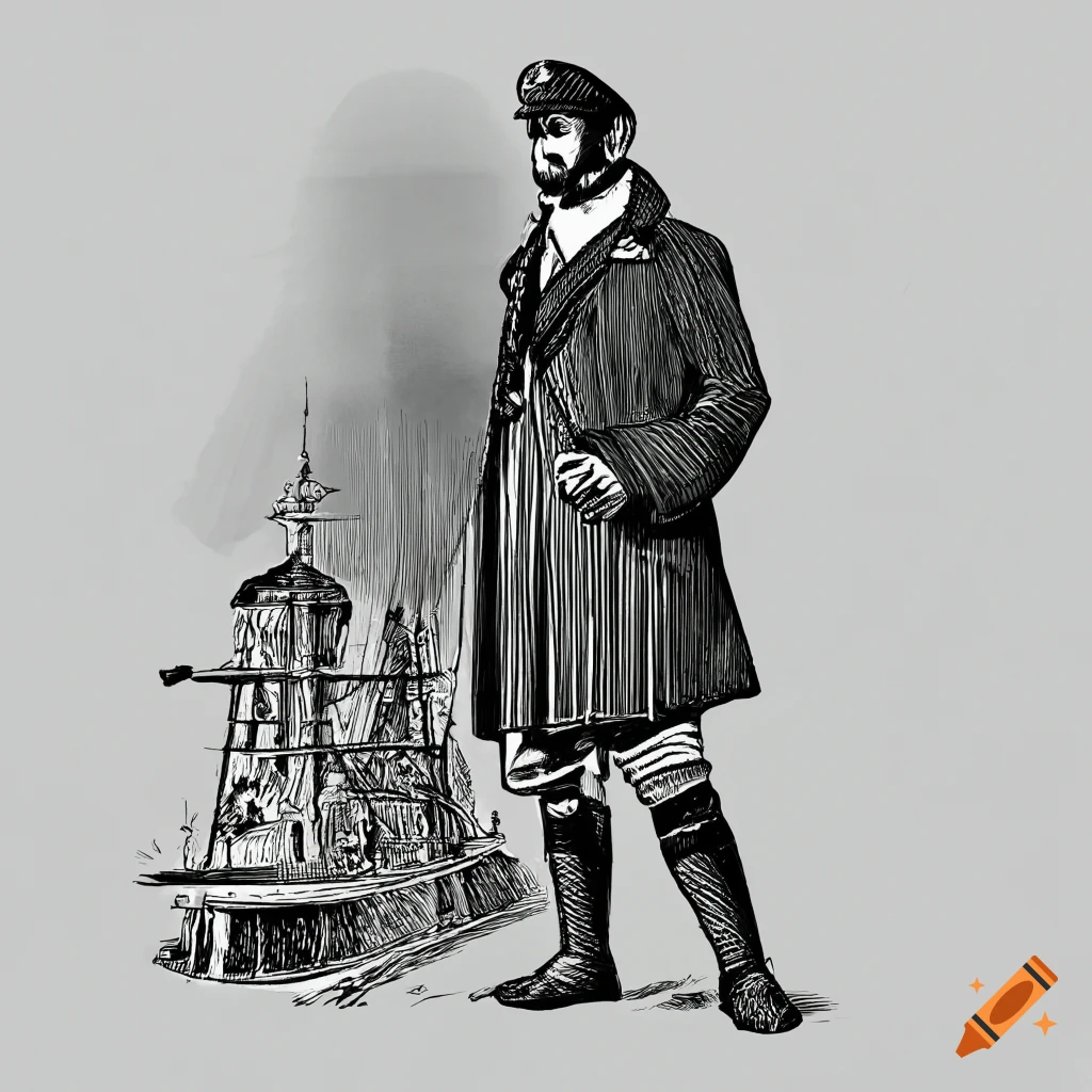 Black and white line art of a Victorian pulp adventurer freighter ...