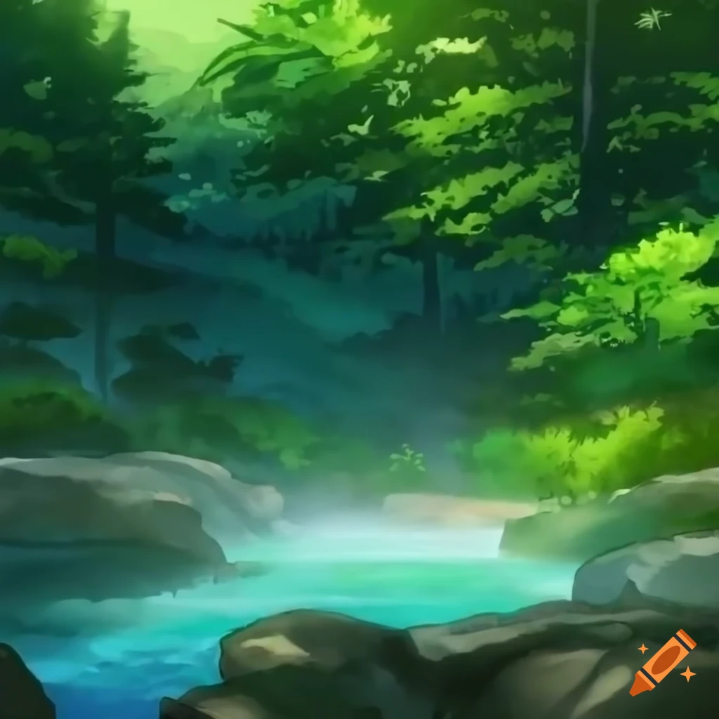 Natural hot spring surrounded by rocks with a forest in anime style on ...