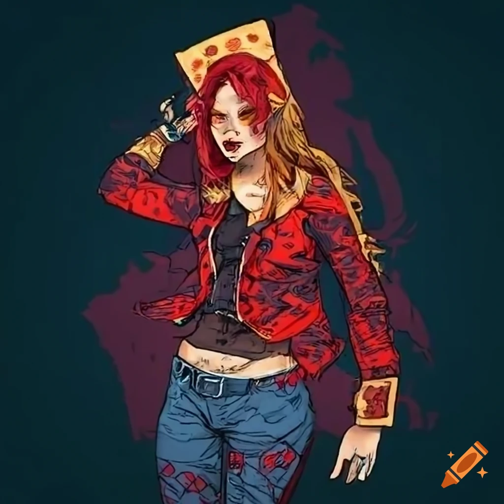 Female comic book punk style in rage pose with pizza jacket on Craiyon