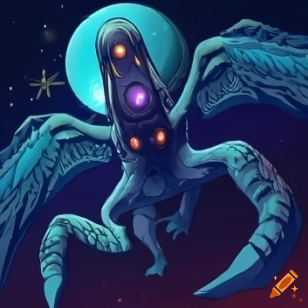 Sci-fi blue monster with giant wings flying in space in anime style on ...