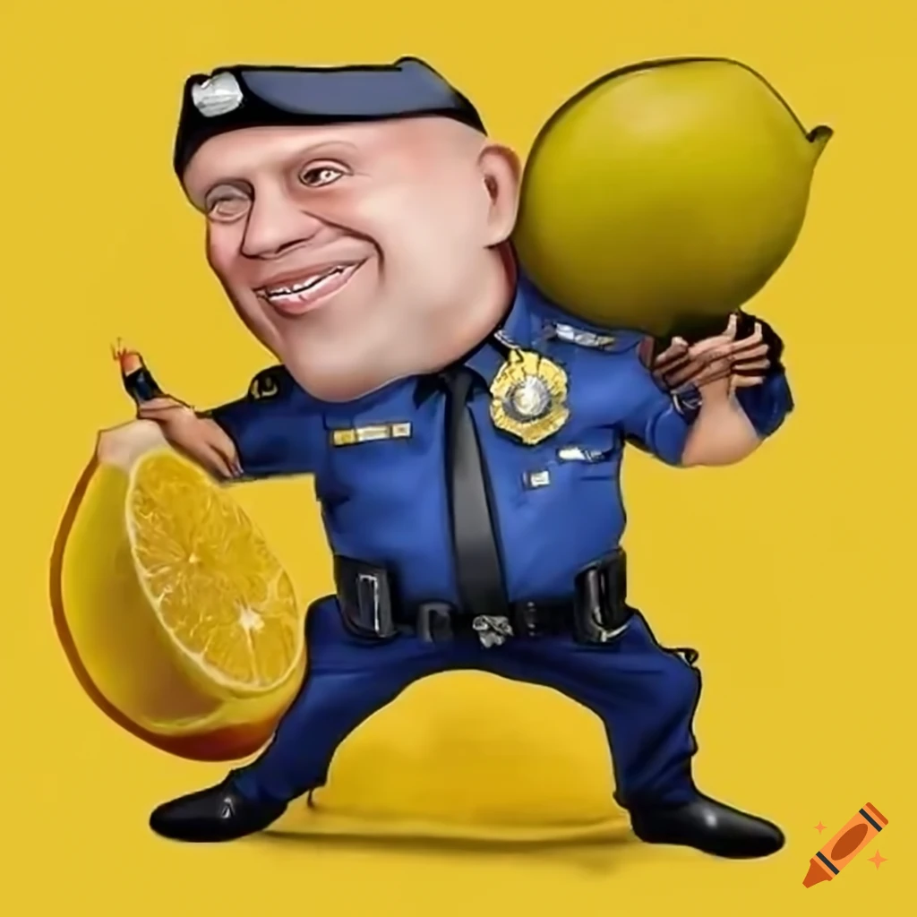 Police Officer caricature fighting giant lemons on Craiyon