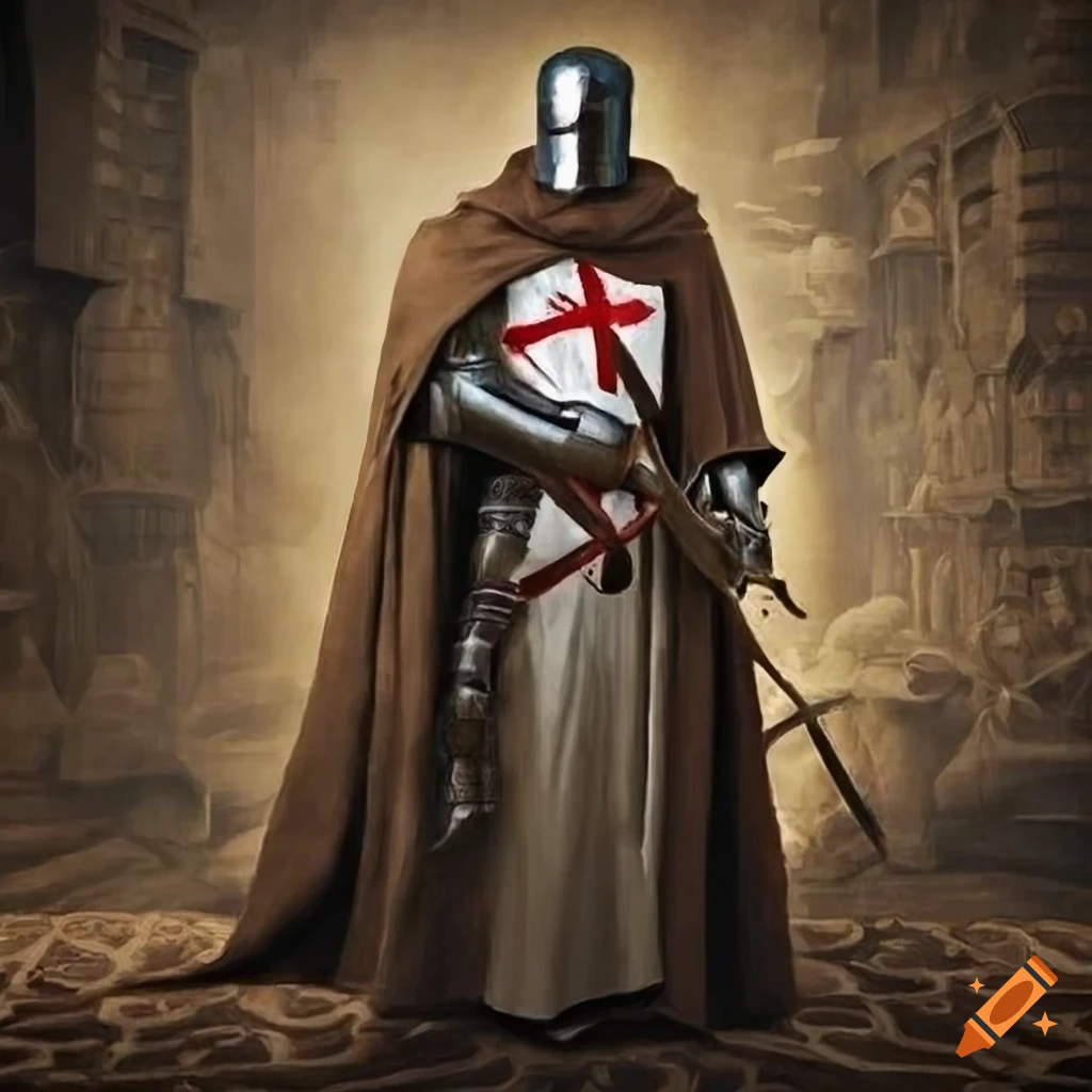 Medieval tapestry portrait of a templar knight in full armor with a ...