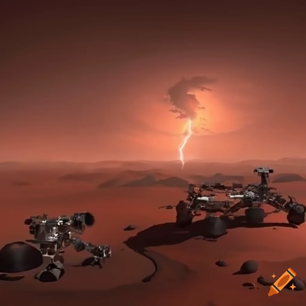 Mars landscape with thunder and lightning bolt and rover on Craiyon