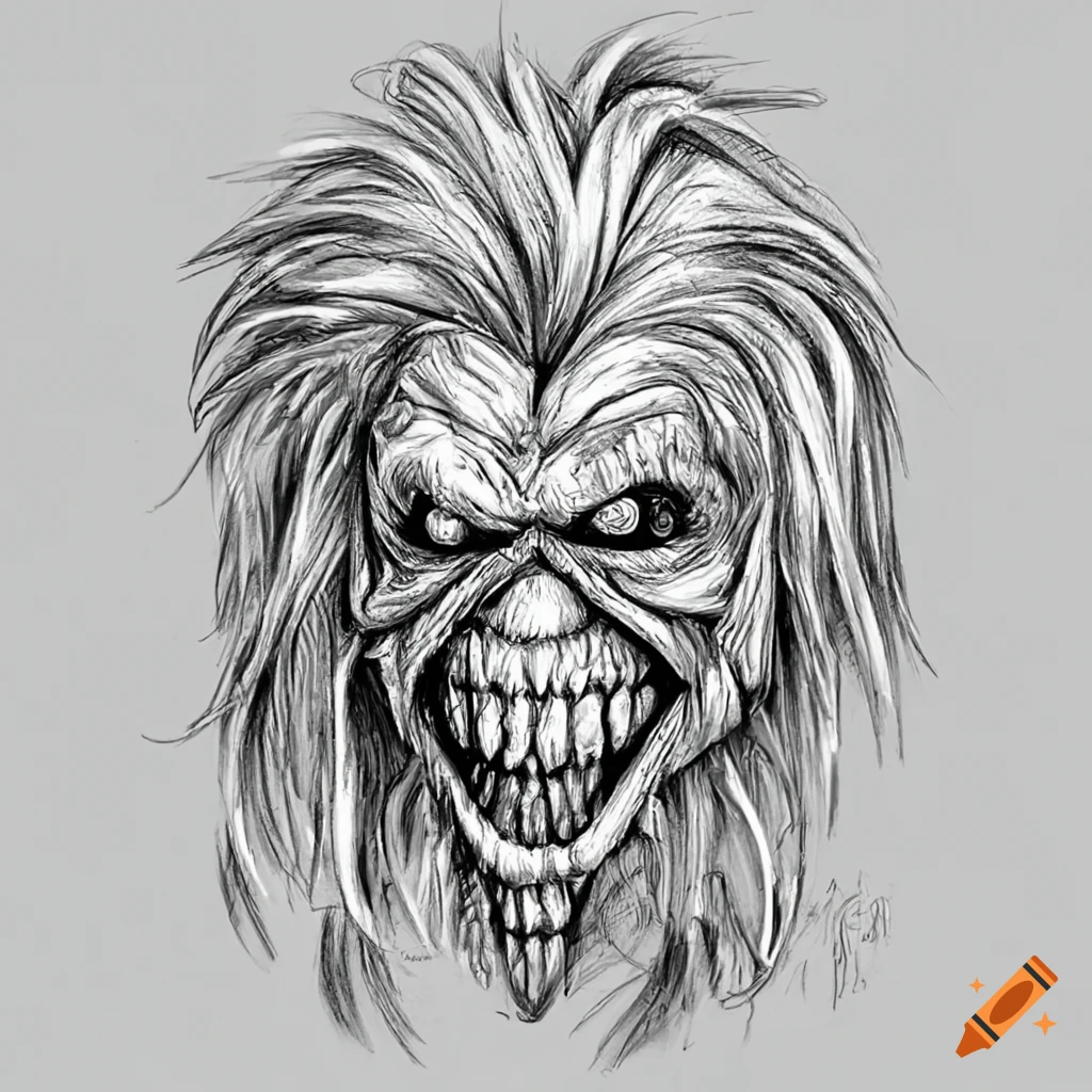 Detailed black and white charcoal drawing of Iron Maiden's Eddie as a D ...