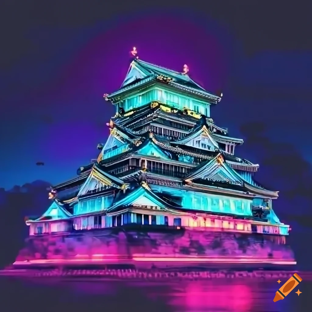 Neon-lit Osaka with Osaka Castle glowing in the night on Craiyon