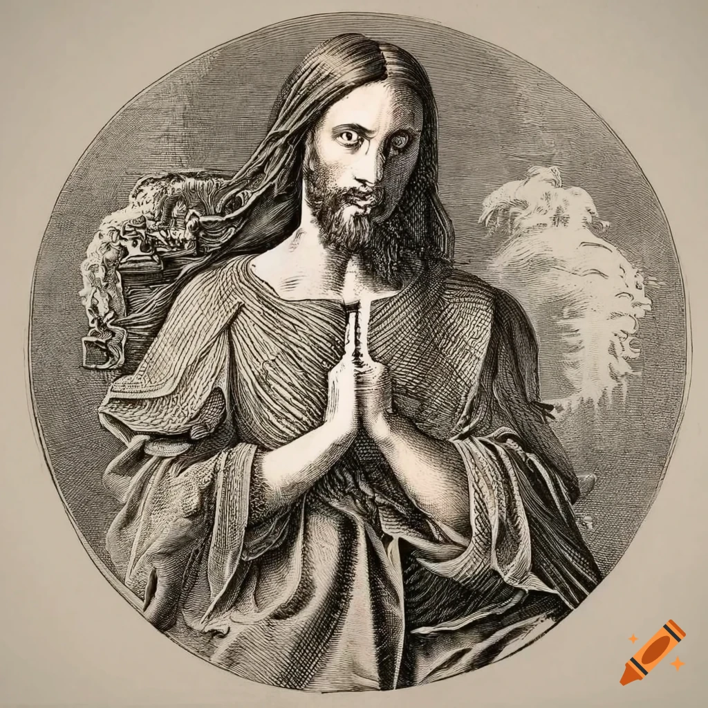 Baroque etching of Jesus Christ as the Light in monochrome woodcut ...