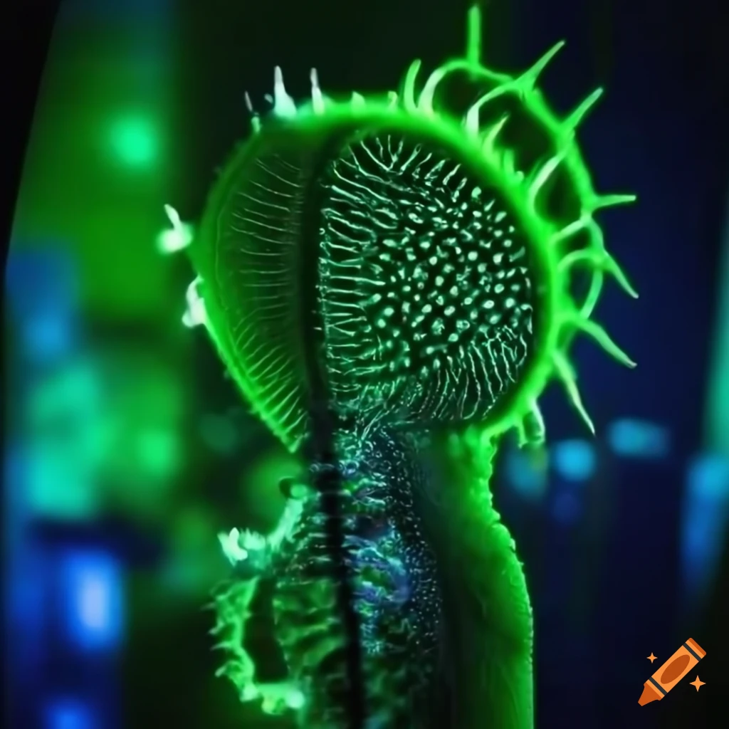 Biopunk Venus flytrap creature in a futuristic cityscape on Craiyon