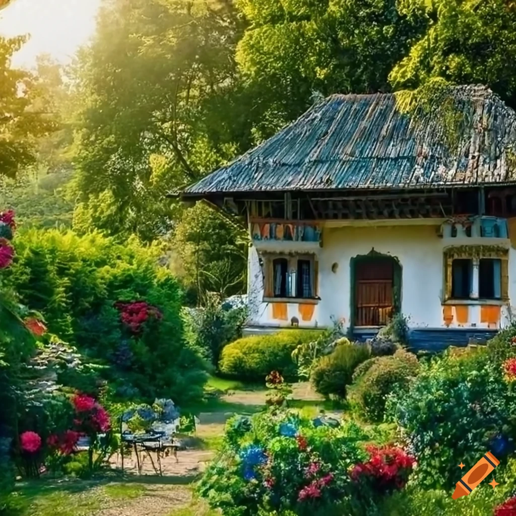 Intricate and vibrant artwork of a romanian house with a garden of ...