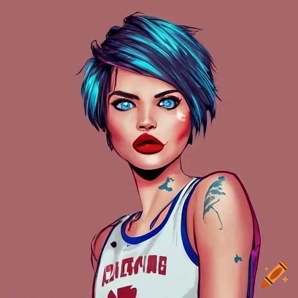 Comic Book Style Girl With Black Pixie Cut Hair And Blue Eyes In A