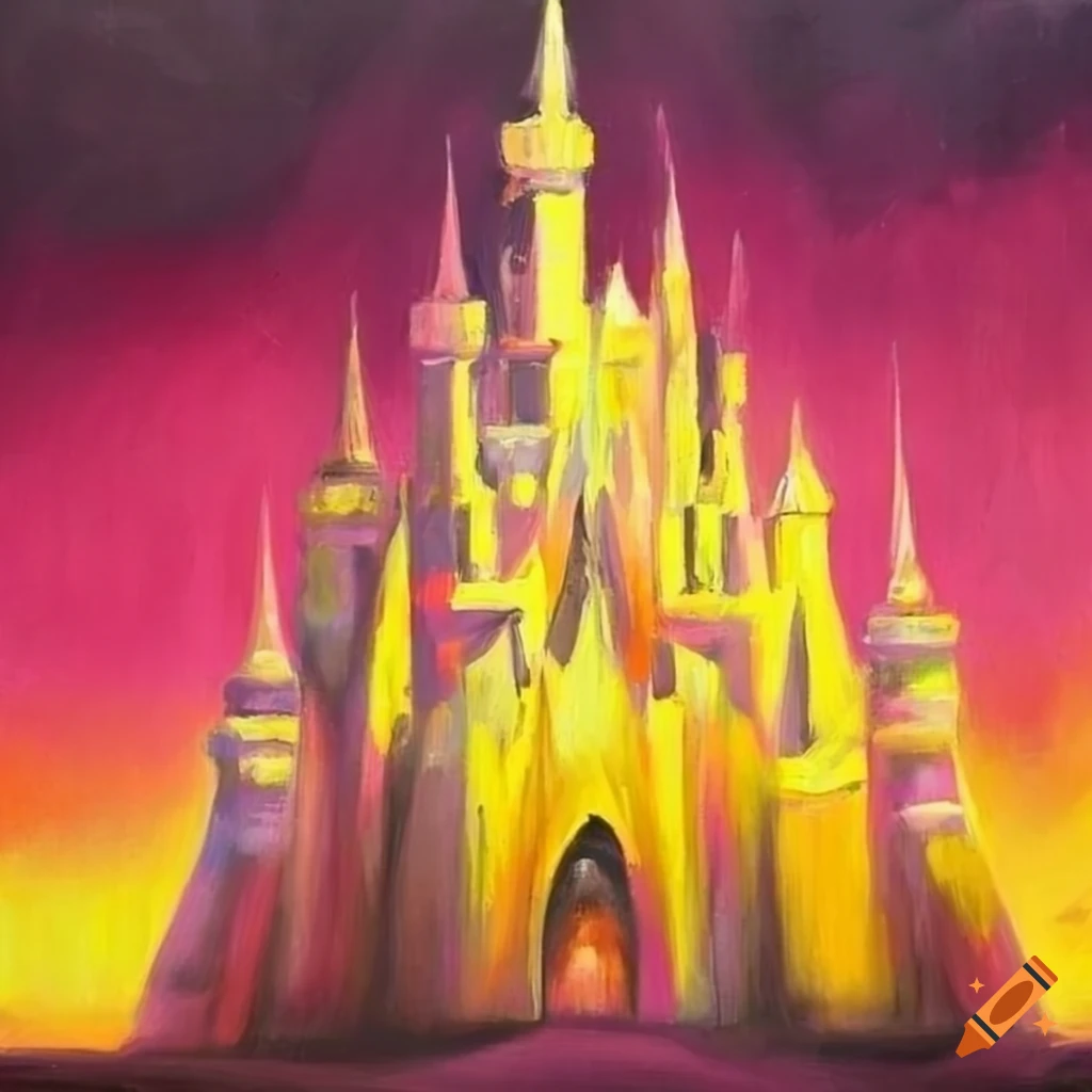 Yellow and pink space castle scene on canvas on Craiyon