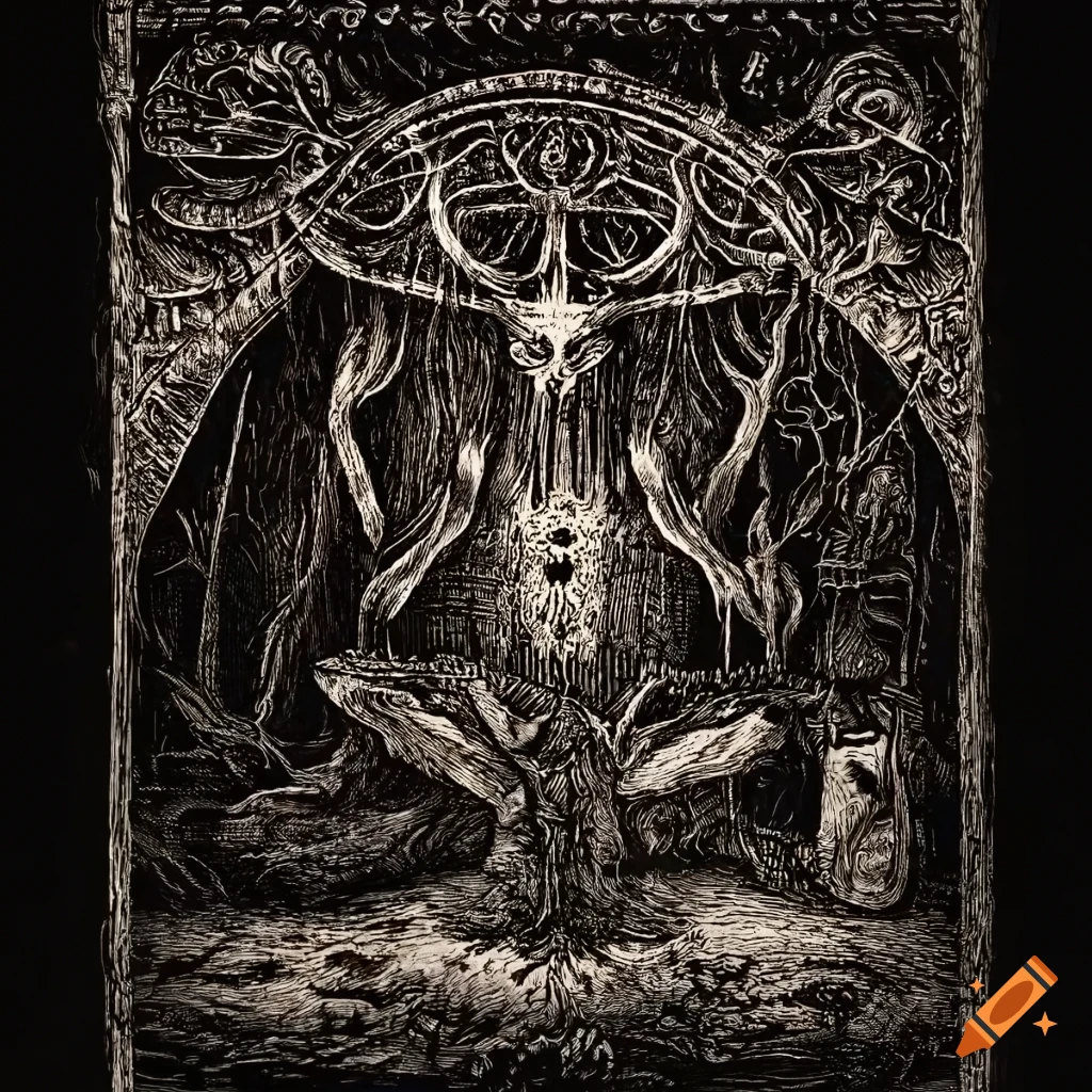 Intricate baroque etchings of the dark forest for a mythological occult ...