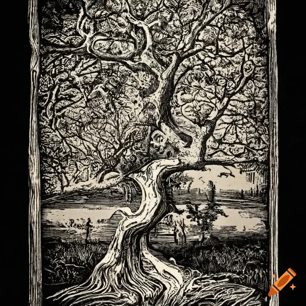 Intricate ancient etchings of the tree of life in monochrome woodcut ...
