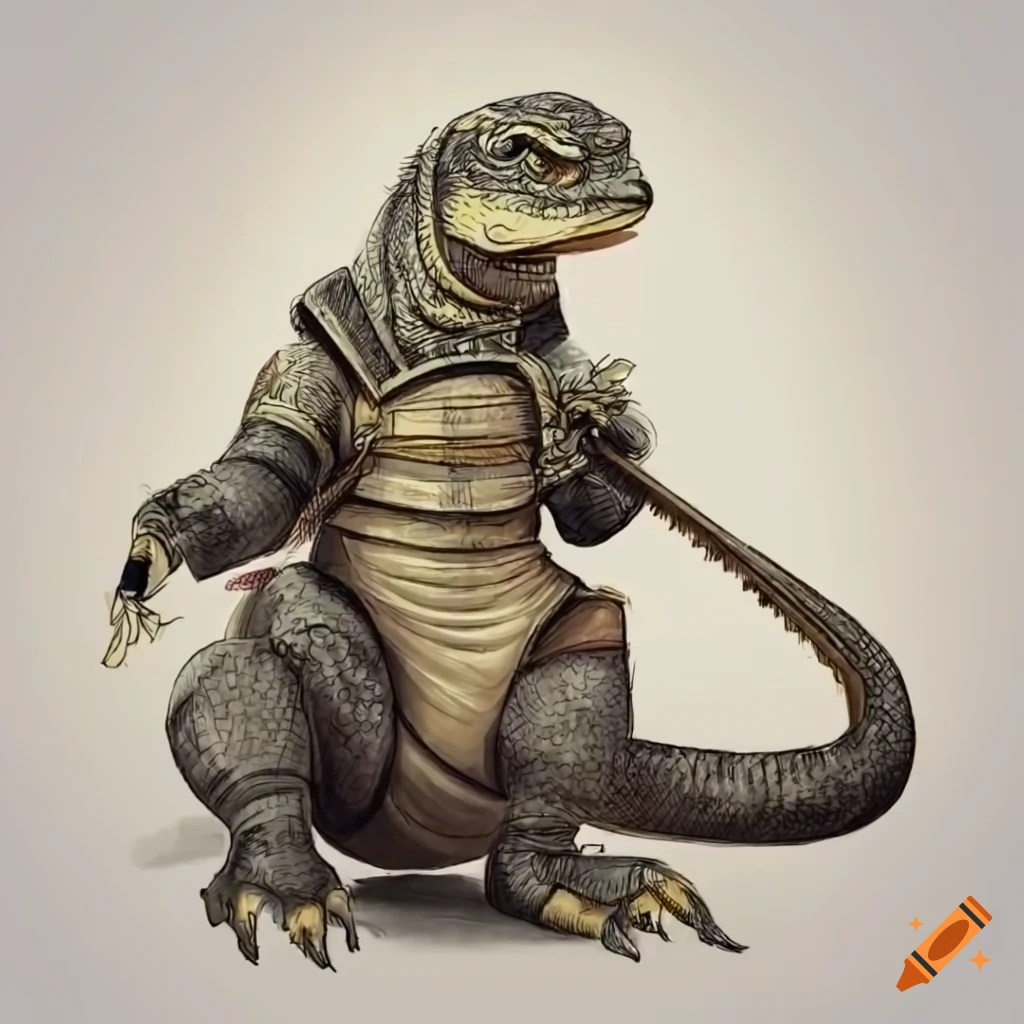 Anthropomorphic Komodo dragon sensei in armor having tea with samurai ...