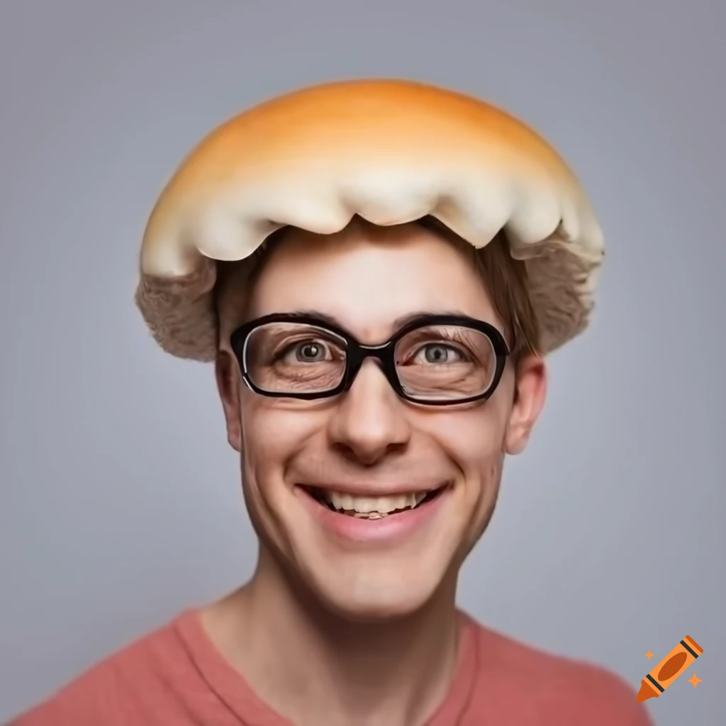 Man smiling and wearing glasses with mushrooms on his head on Craiyon