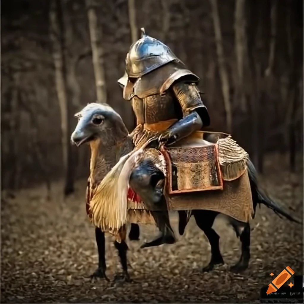 Chicken in feathery armor riding an armored goat on Craiyon