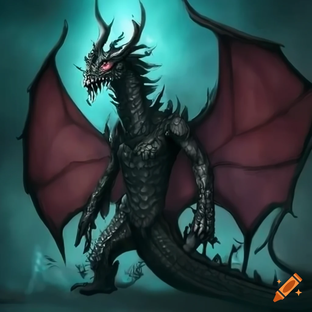 Sinister humanoid dragon with horns casting shadows on Craiyon