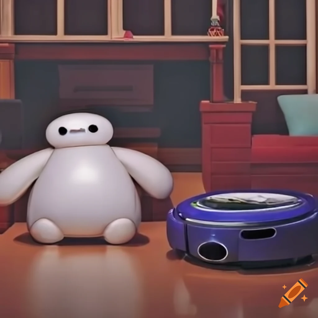 Baymax from Big Hero 6 kicking a Roomba robot in a living room on Craiyon