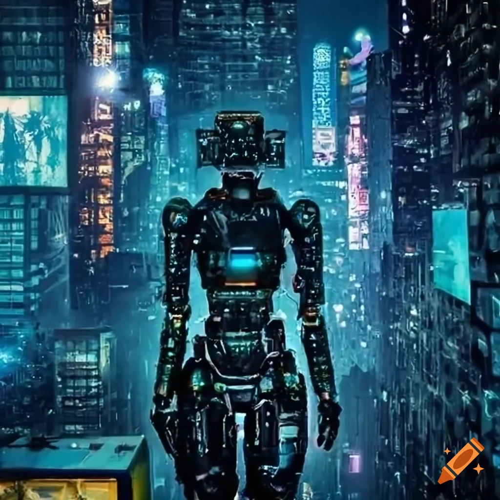 Cityscape with biopunk and cyberpunk elements, featuring neon-lit ...