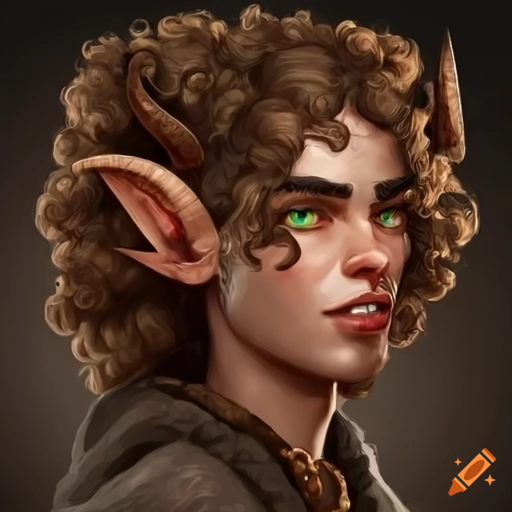 Male satyr with curly hair, goat horns, green eyes, lute, and dagger on ...