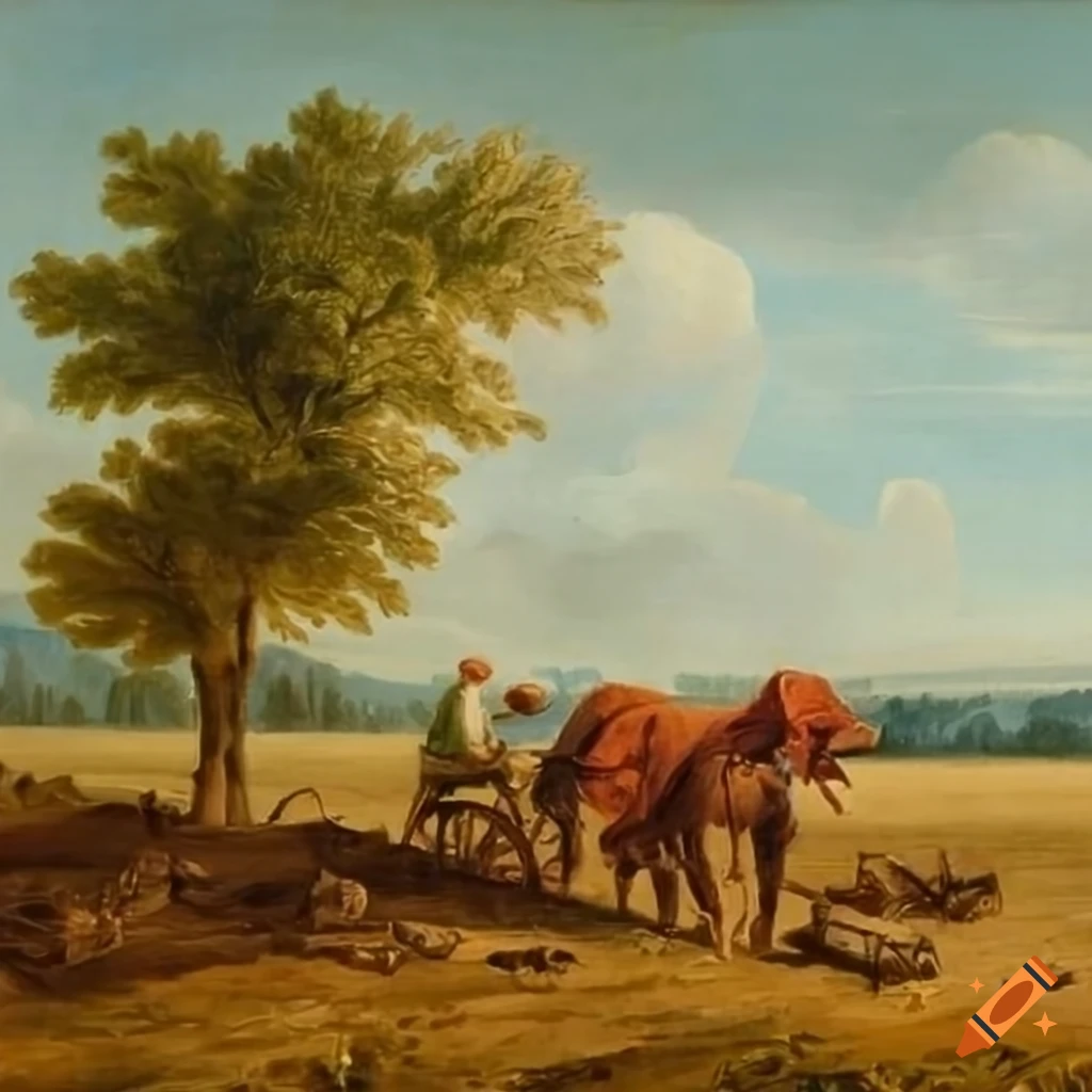 Realist painting of a farmer plowing a field in the 18th century on Craiyon