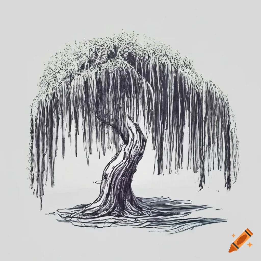 Line drawing of a weeping willow tree by a pond on Craiyon