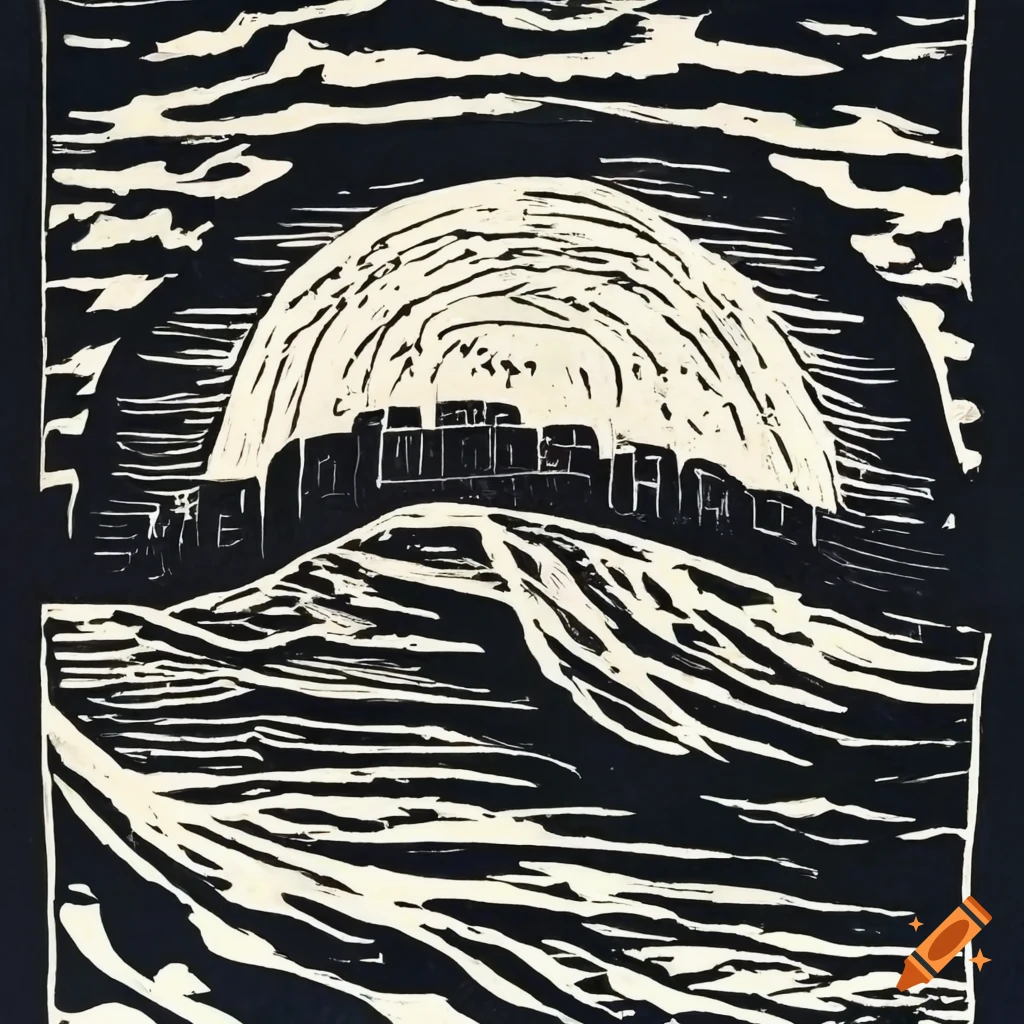 Linocut of a hilltop citadel facing a giant wave and a big sun on Craiyon