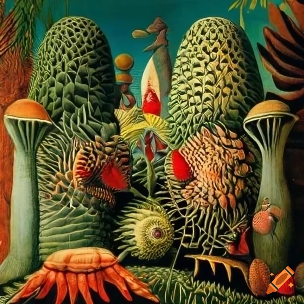 Organic machine sci-fi art with a coral island and space age elements ...