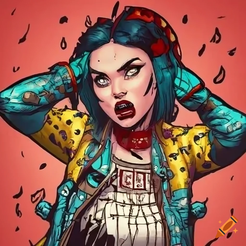 Female comic book punk style in rage pose with pizza jacket on Craiyon