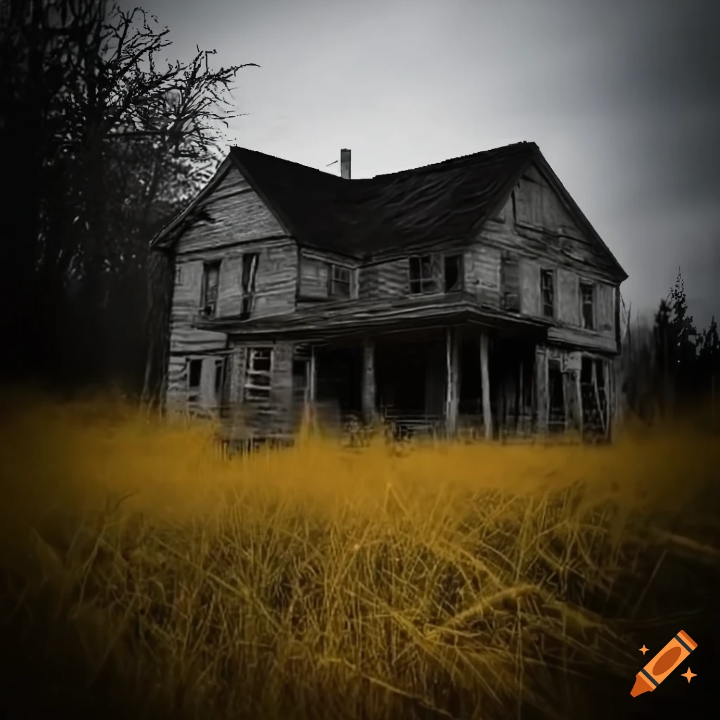 Old creepy horror house in a village with yellow grass and wind on Craiyon