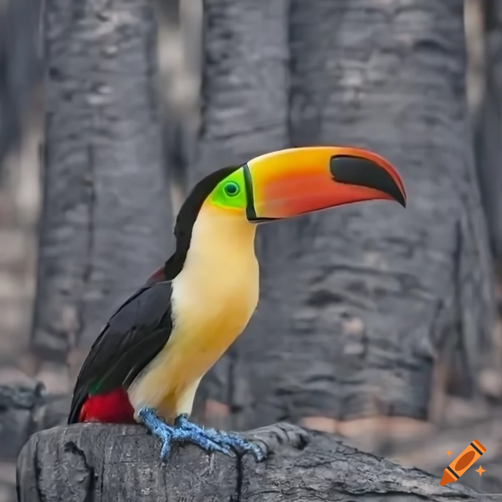 Sad toucan in a burnt forest on Craiyon