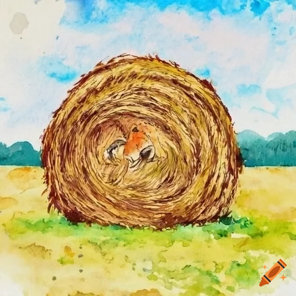 Fox falling into a haystack in a field watercolor drawing on Craiyon