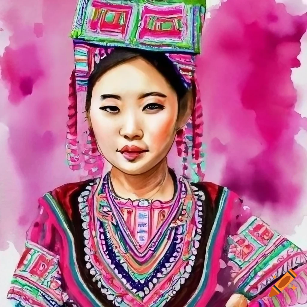 Handmade drawing of a beautiful Hmong outfit in pink ink on Craiyon