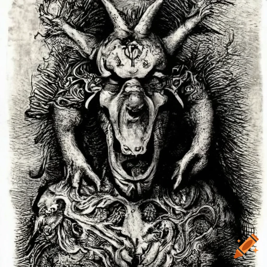 Baroque etchings for a mythological mystical book in a dark and ...