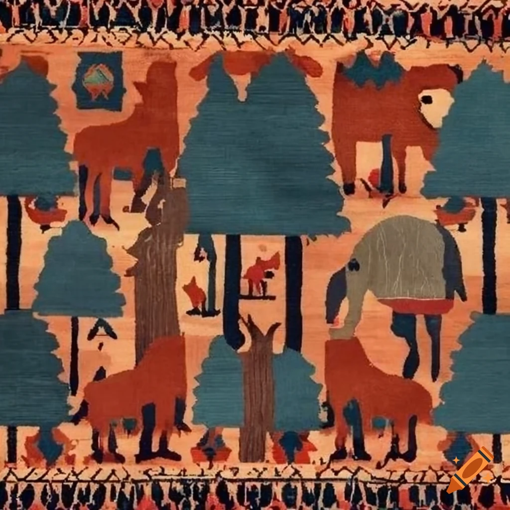 Vintage tribal rug pattern with trees and animals on Craiyon