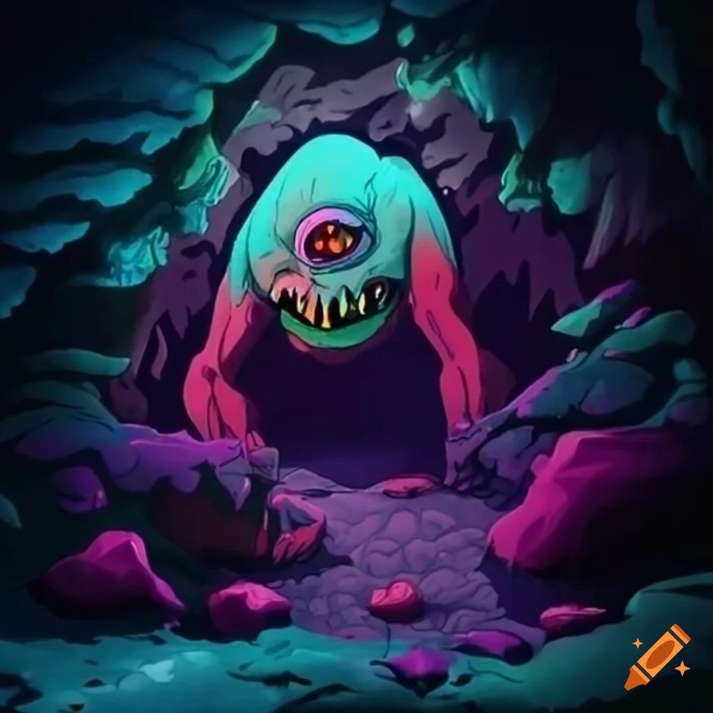 Colorful monster in a cave with a giant head on Craiyon