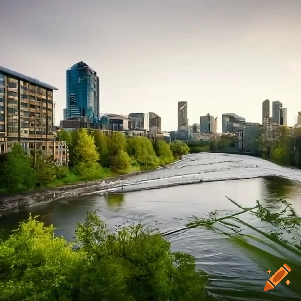 Canadian riverside urban residential landscape with green open spaces ...