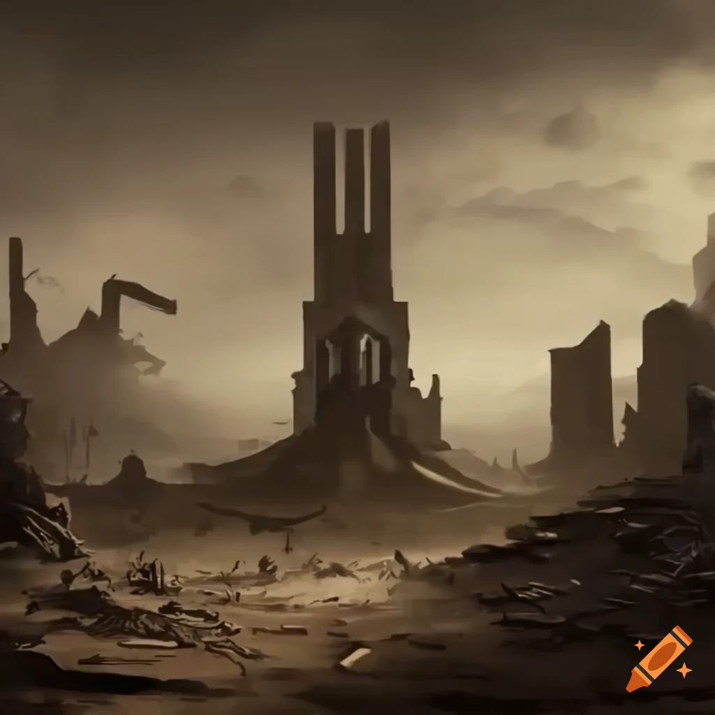 Barren post-apocalyptic wasteland with ruins on Craiyon