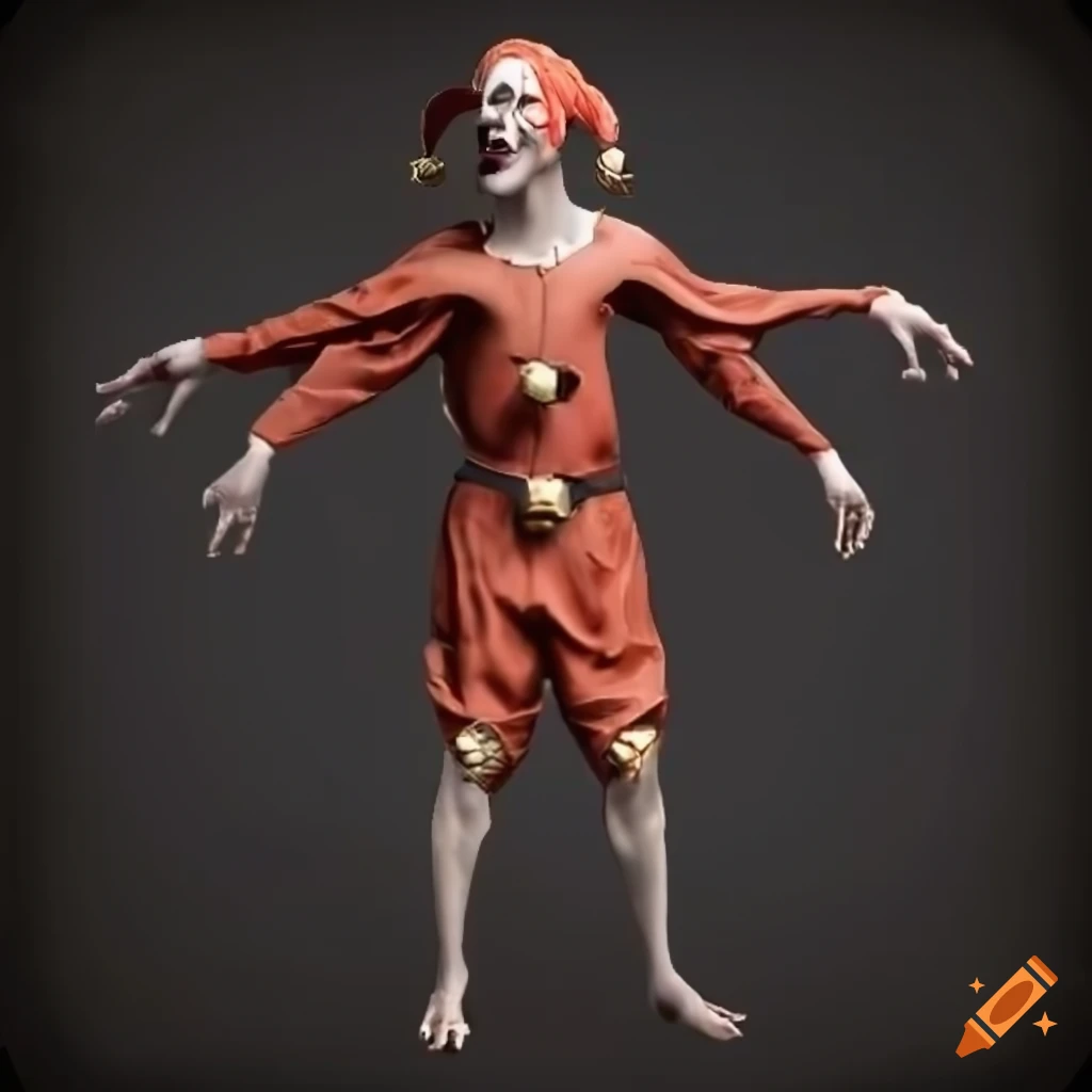 Short burly jester t-posing in a medieval fantasy setting on Craiyon